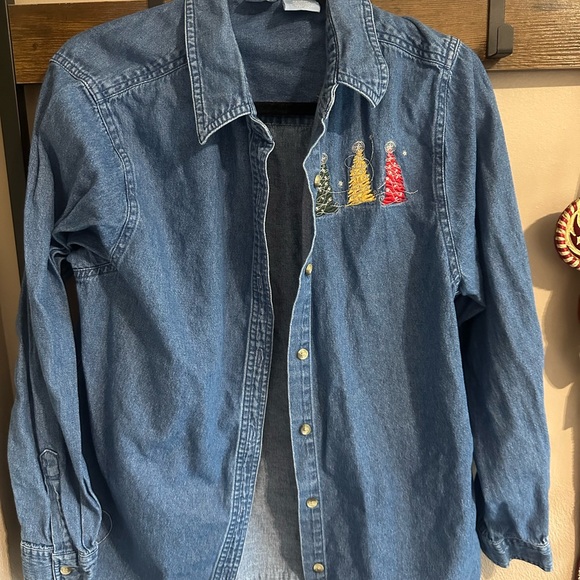holiday traditions | Tops | Embroidered Holiday Christmas Trees Denim ...